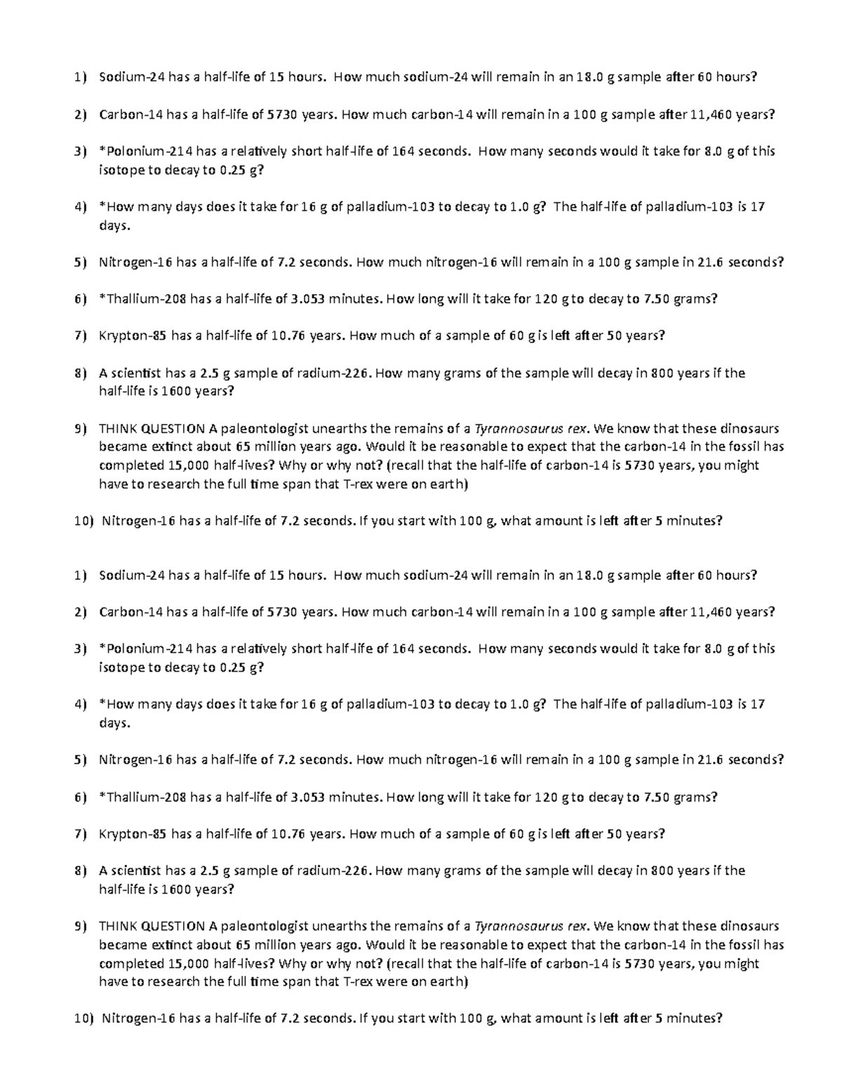Half-Life Practice Questions: Decay Calculations and Scenarios - Studocu