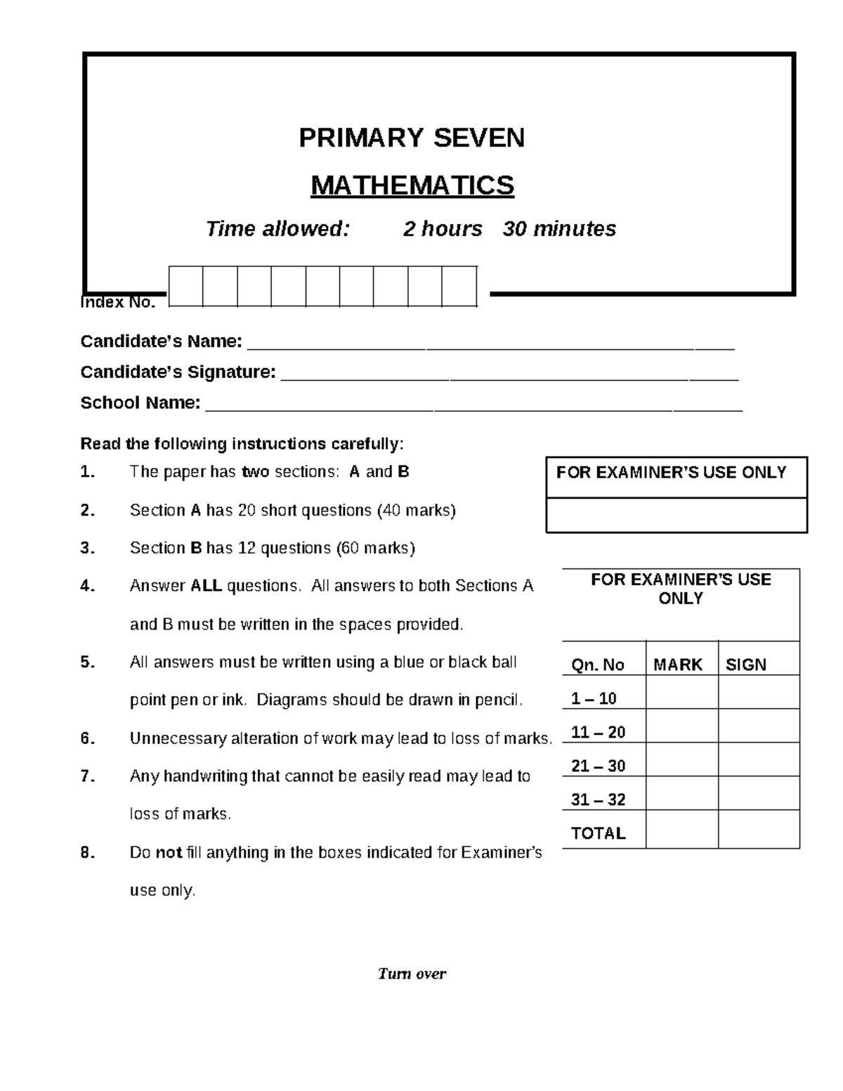 Primary 7 Maths - P.7 Math Examination Paper (2 hrs 30 min) - Studocu