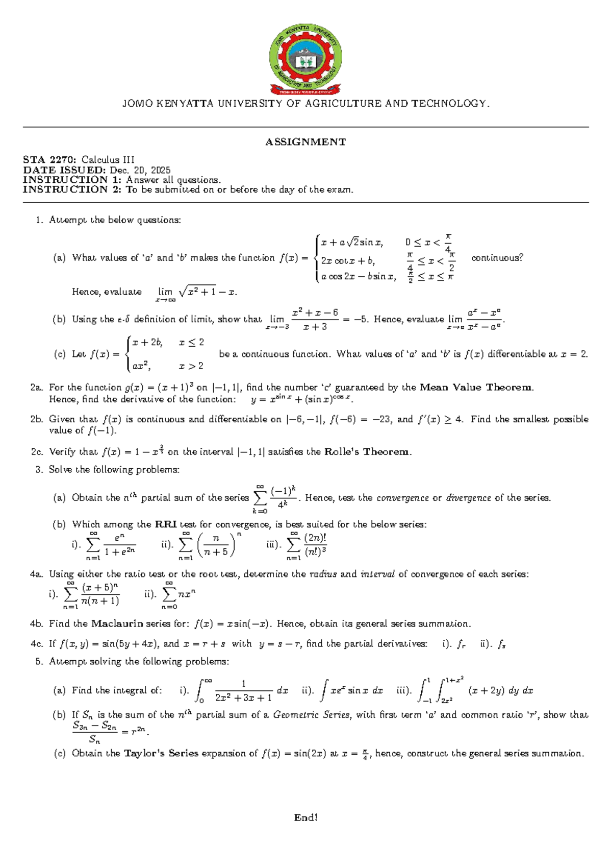 Calculus STA 2270 Assignment: Limit, Continuity, and Series Analysis ...