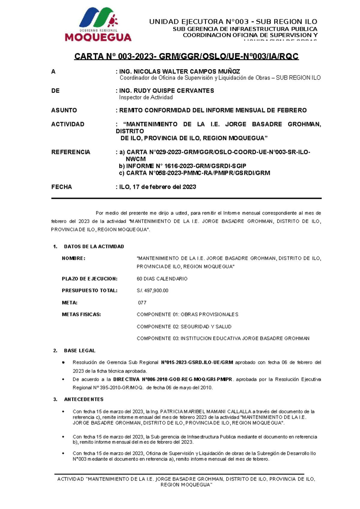 Informe Mensual de Actividad - I.E. Jorge Basadre Grohman - FEB 2023 ...
