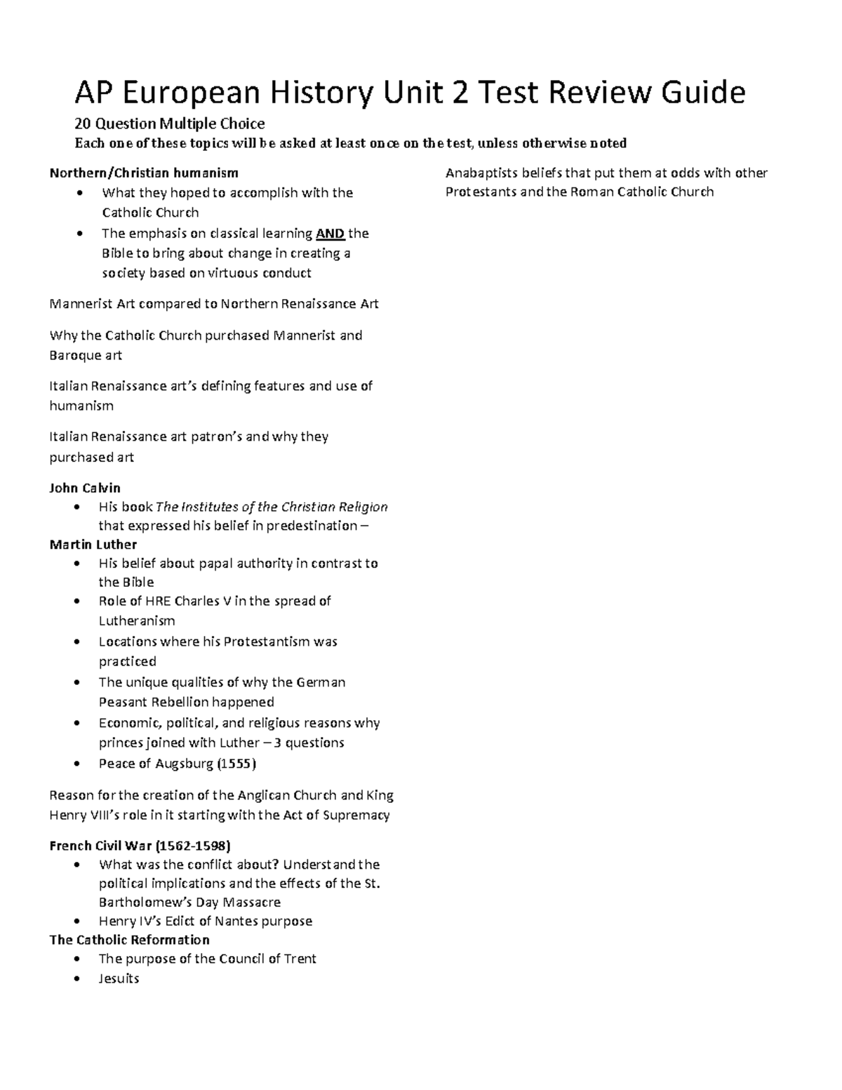 AP European History Unit 2 Test Review: Key Topics & Concepts - Studocu