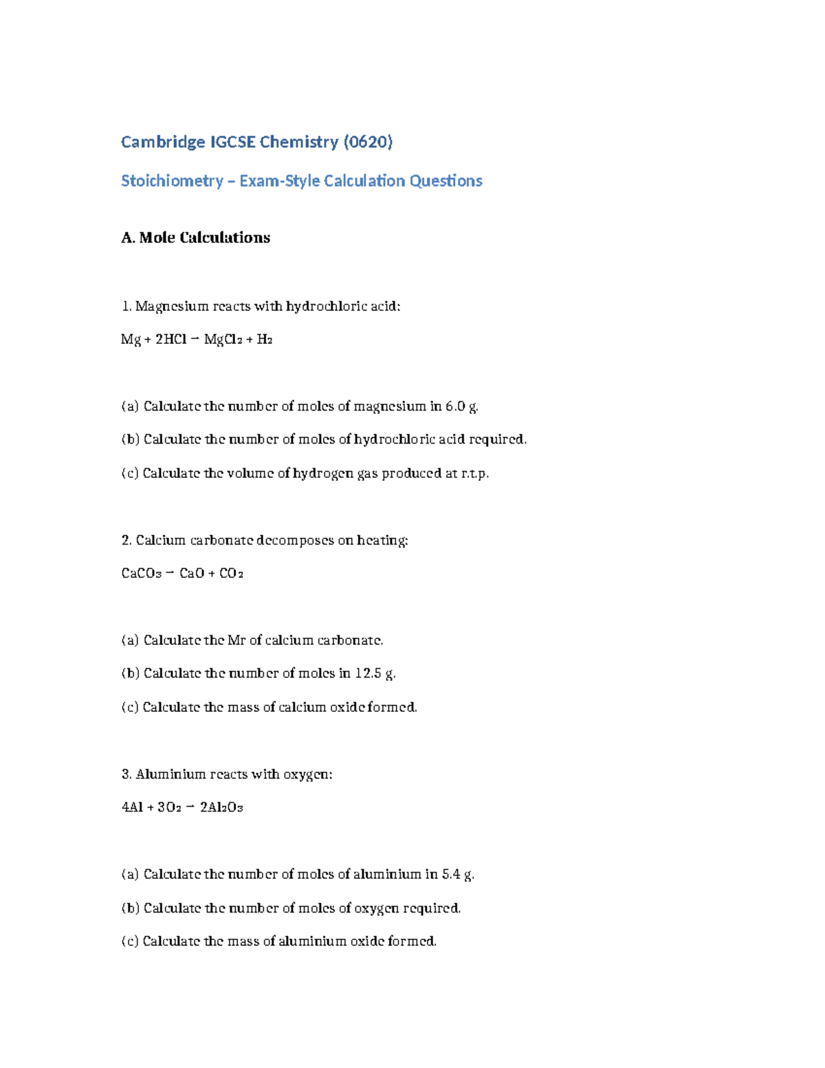 Cambridge IGCSE Chemistry (0620) Exam-Style Stoichiometry Questions ...