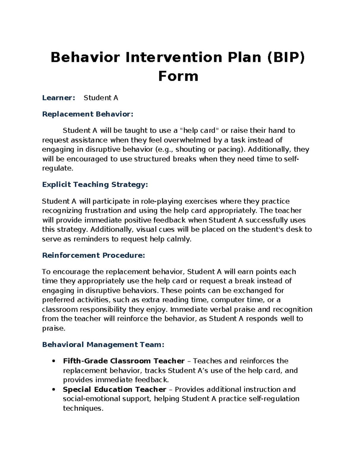 Behavior Intervention Plan (BIP) for Student A: Strategies & Support ...