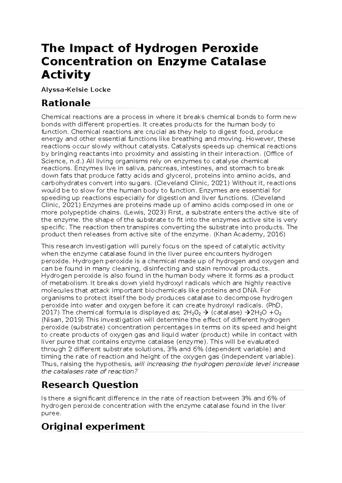 The Effect of Hydrogen Peroxide Concentration on Catalase Activity ...