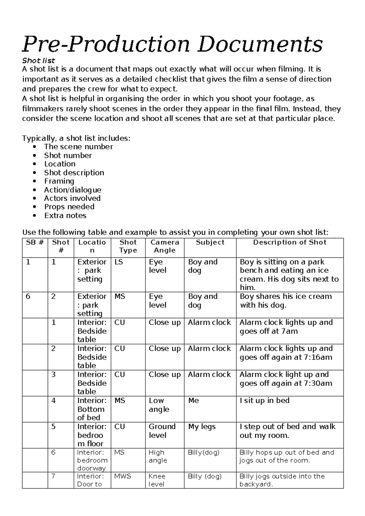 Shot List Template for Media Production - Studocu
