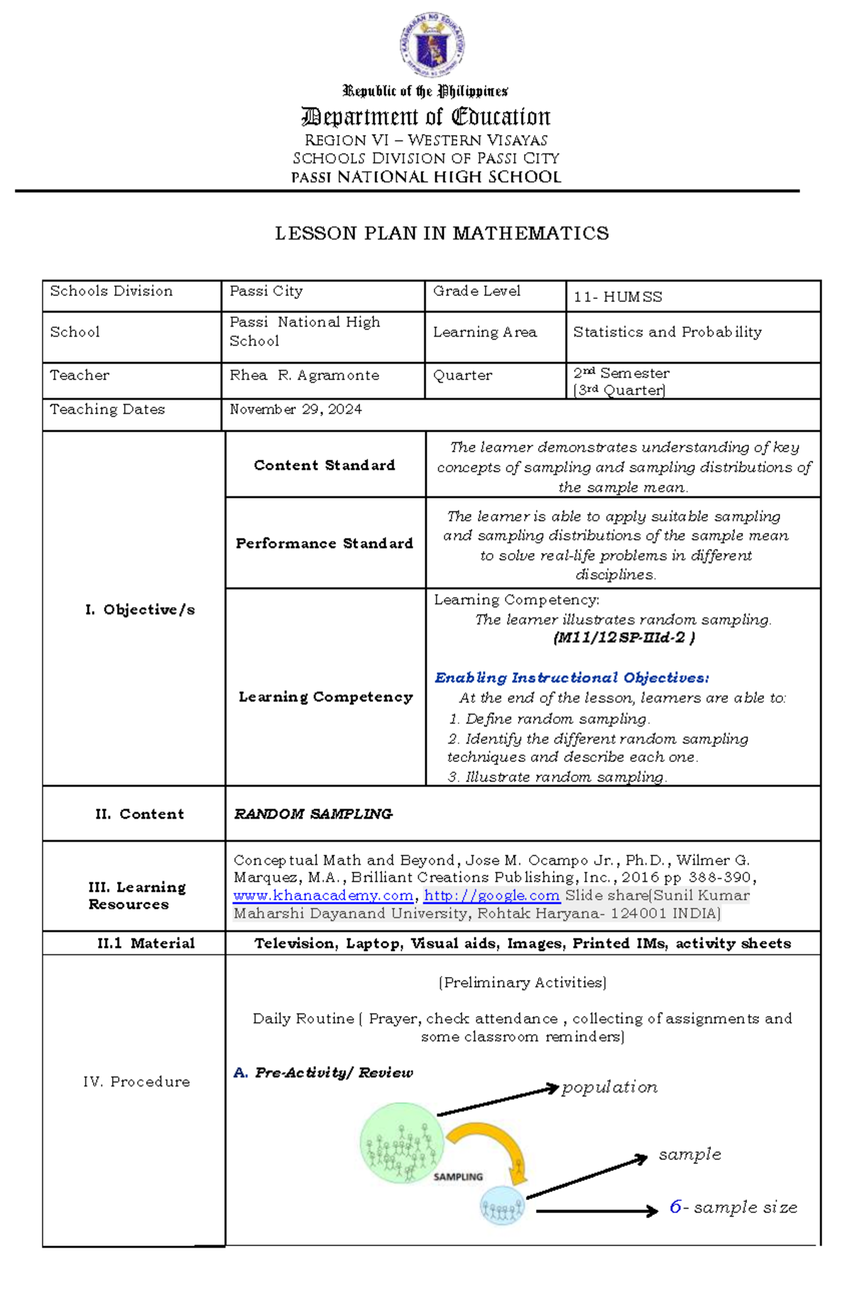 Lesson Plan for M11/12 HUMSS: Understanding Random Sampling Techniques ...