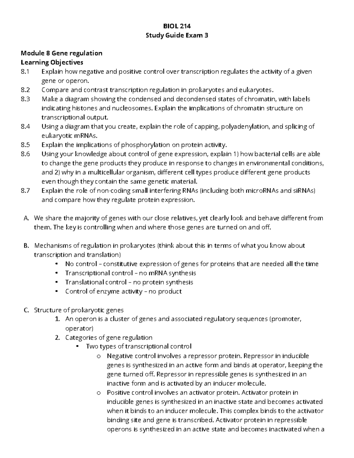 BIOL 214 Study Guide for Exam 3: Gene Regulation - Studocu