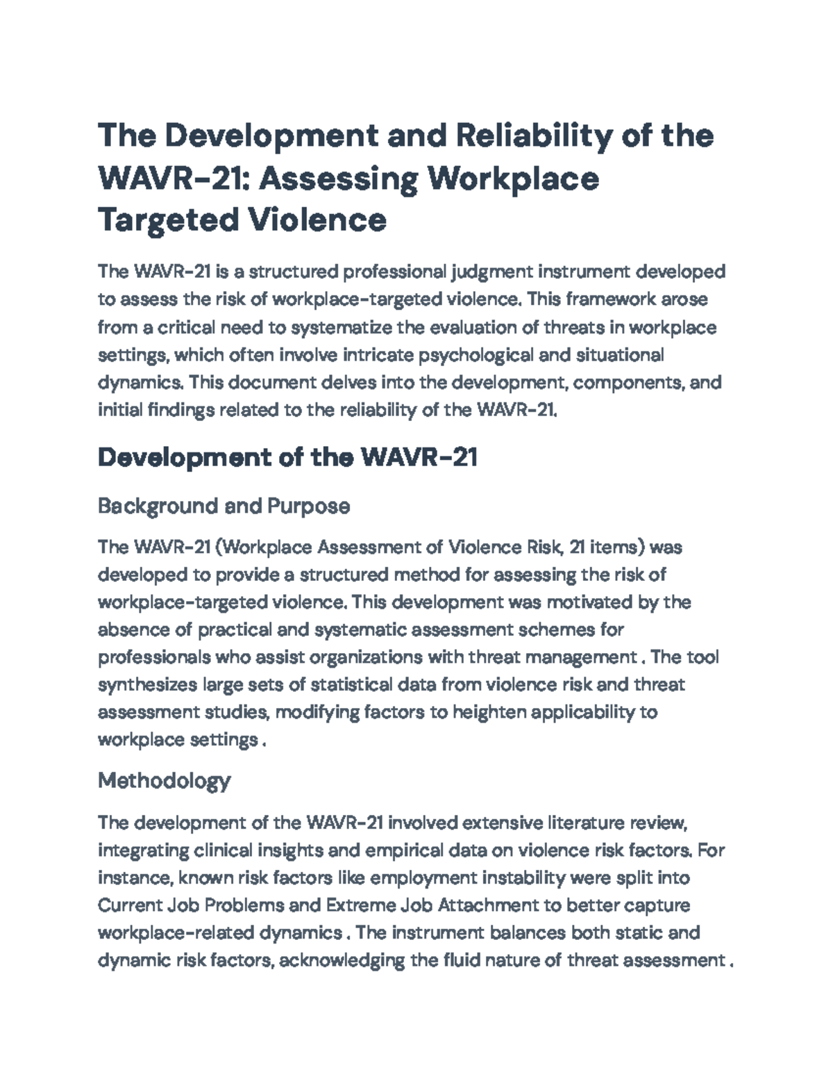 WAVR-21: Development and Reliability in Workplace Violence Risk ...