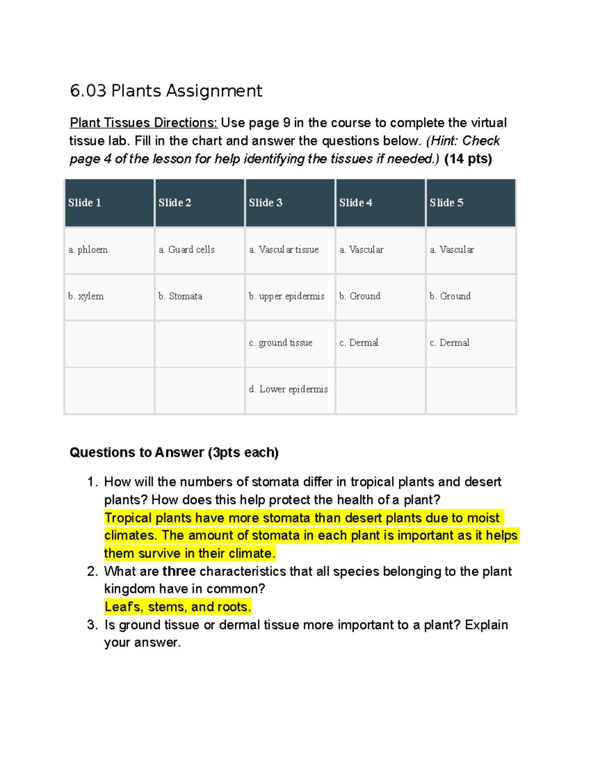Bio 603 Plants Assignment - 6 Plants Assignment Plant Tissues Directions: Use page 9 in the ...