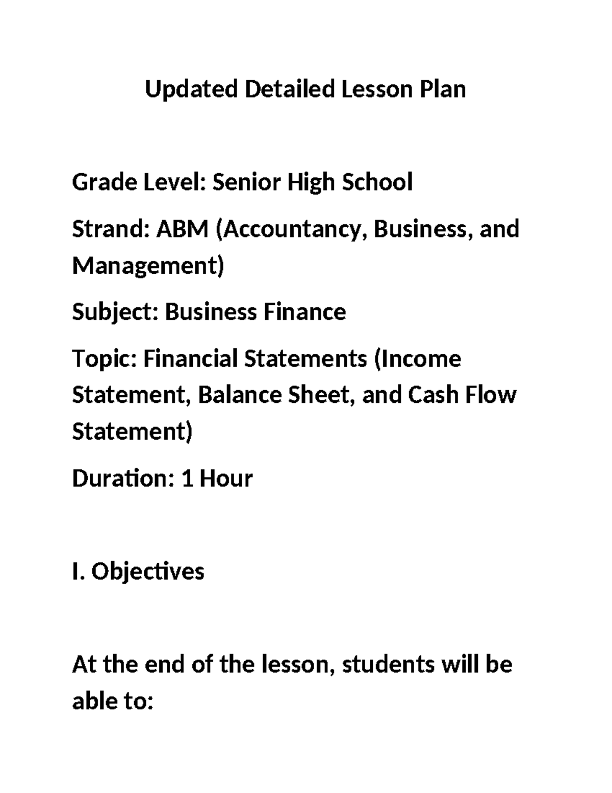 Detailed Lesson Plan - ABM: Understanding Financial Statements - Studocu