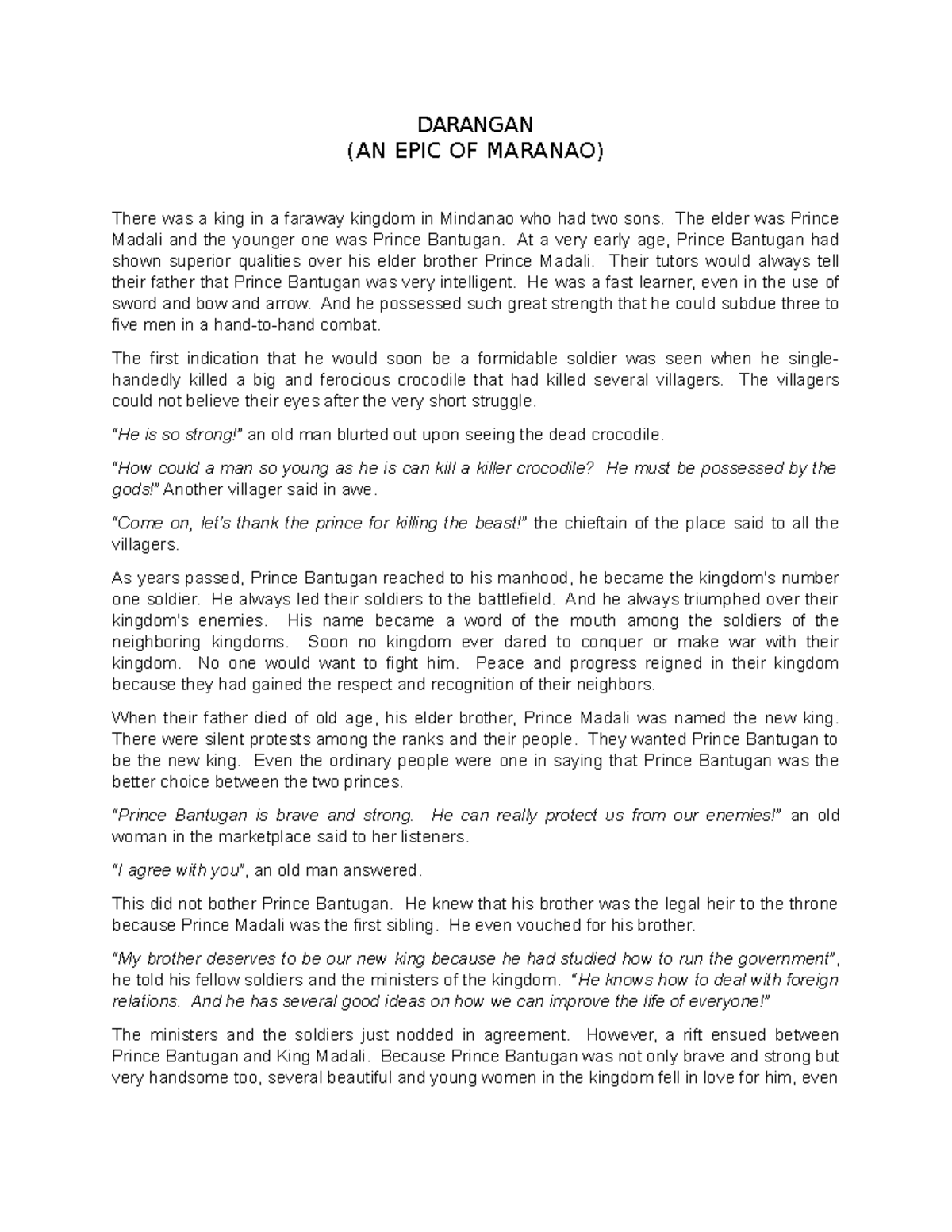 Epics - Grade: 7-10 - DARANGAN (AN EPIC OF MARANAO) There was a king in ...