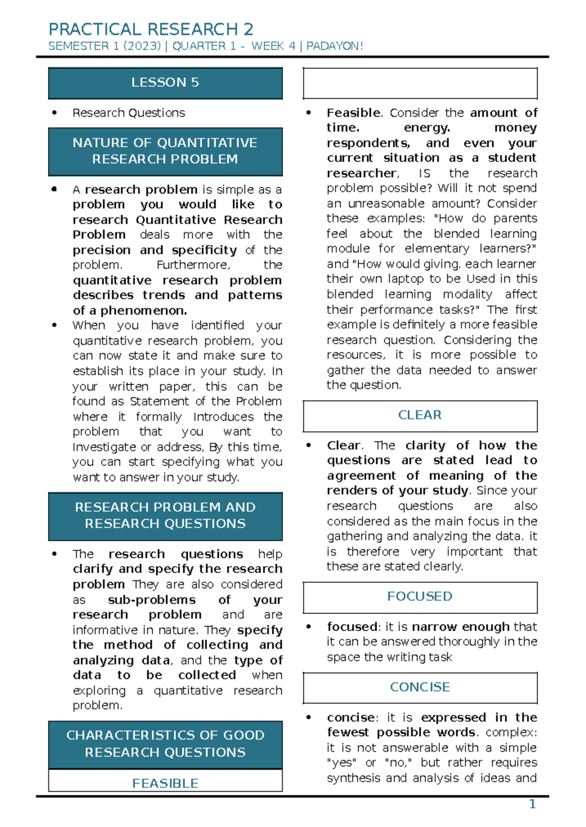 PRACTICAL RESEARCH 2 SEM 1 (2023) Q1 WEEK 4: Research Questions & Scope ...