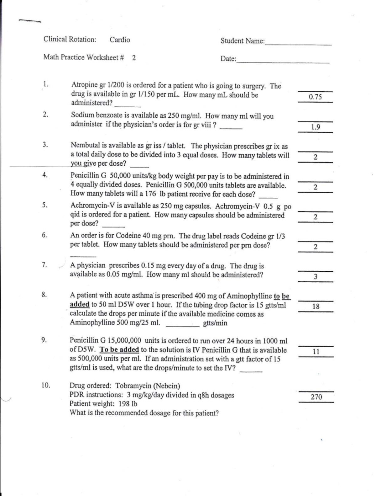 Clinical Rotation: Cardio Math Practice Worksheet 2 - Studocu