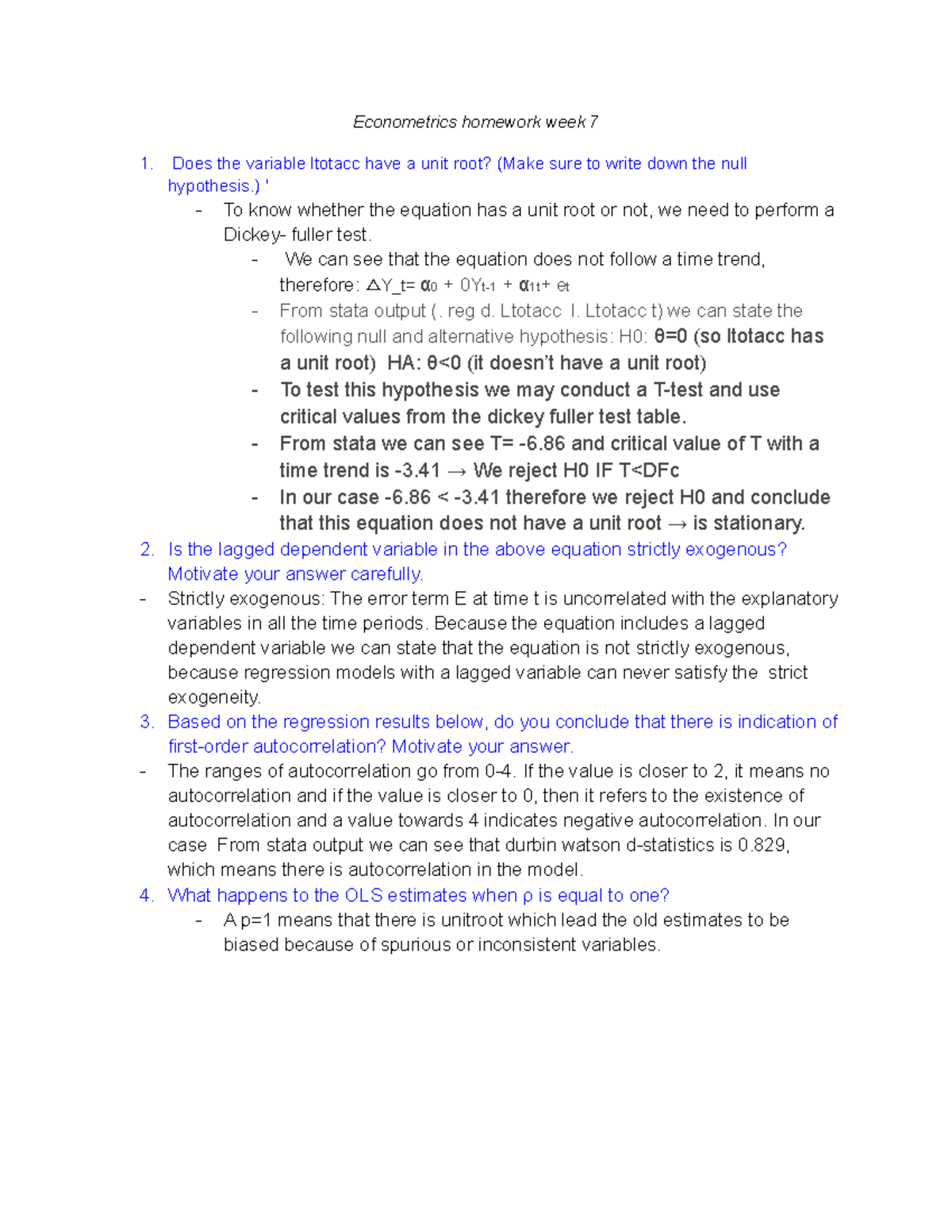Econometrics HW 7: Unit Roots, Exogeneity, and Autocorrelation Analysis ...