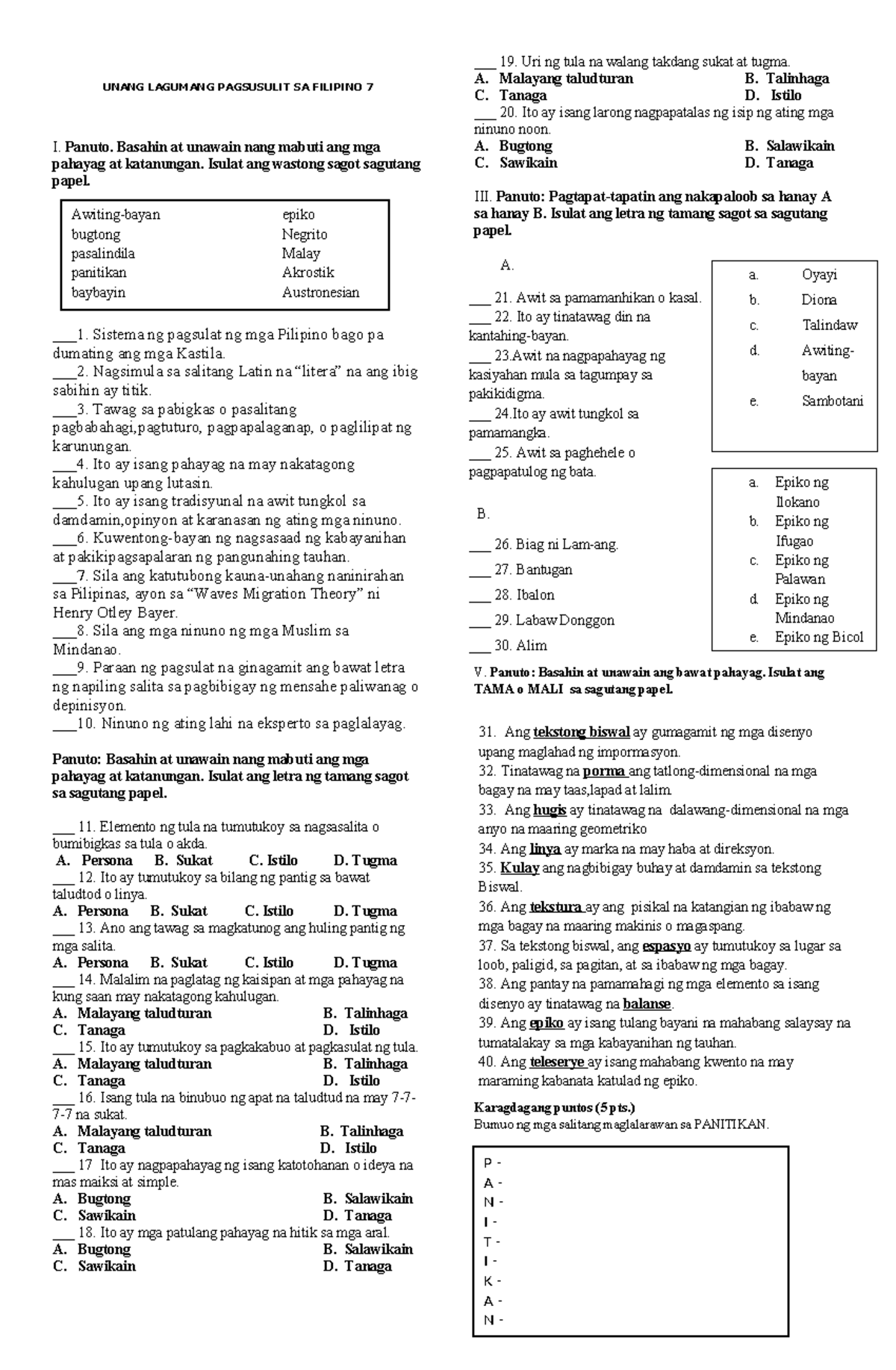 1ST Summative Exam - Pagsusulit sa Filipino 7 - Studocu