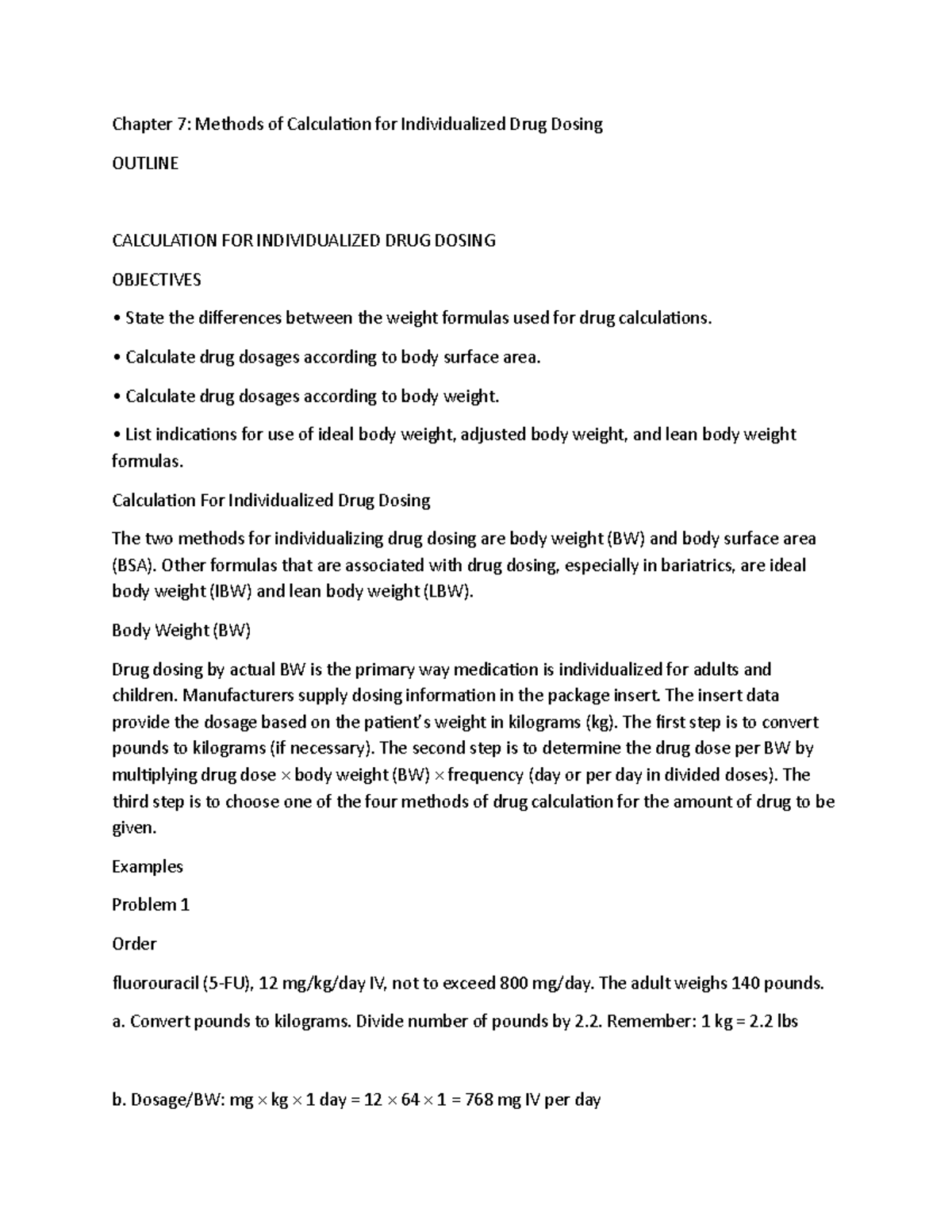 Chapter 7: Drug Dosing Calculations - Weight & Surface Area Methods ...