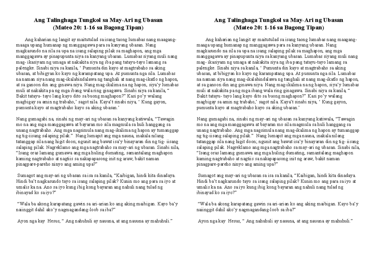 Talinghaga ng Ubasan: Paghahambing ng Manggagawa (Mateo 20: 1-16) - Studocu