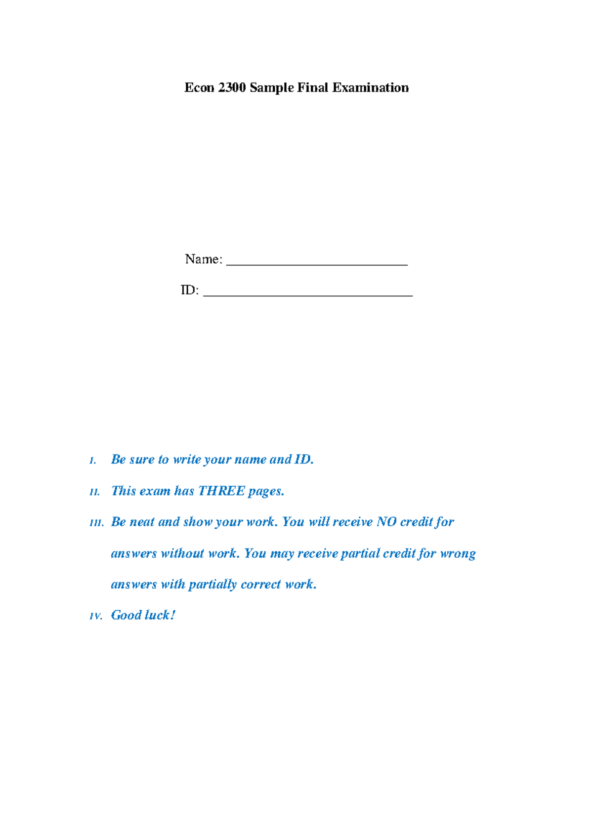 Econ 2300 Sample Final Exam Questions and Guidelines - Studocu