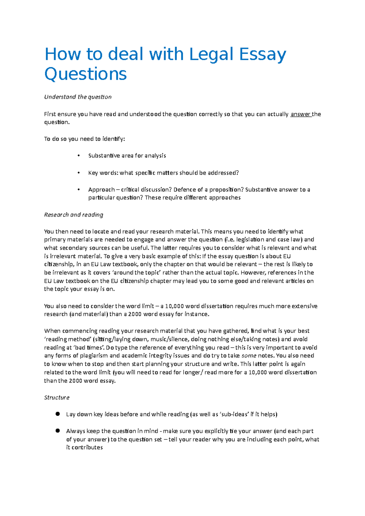 Strategies for Successfully Tackling Legal Essay Questions - Studocu