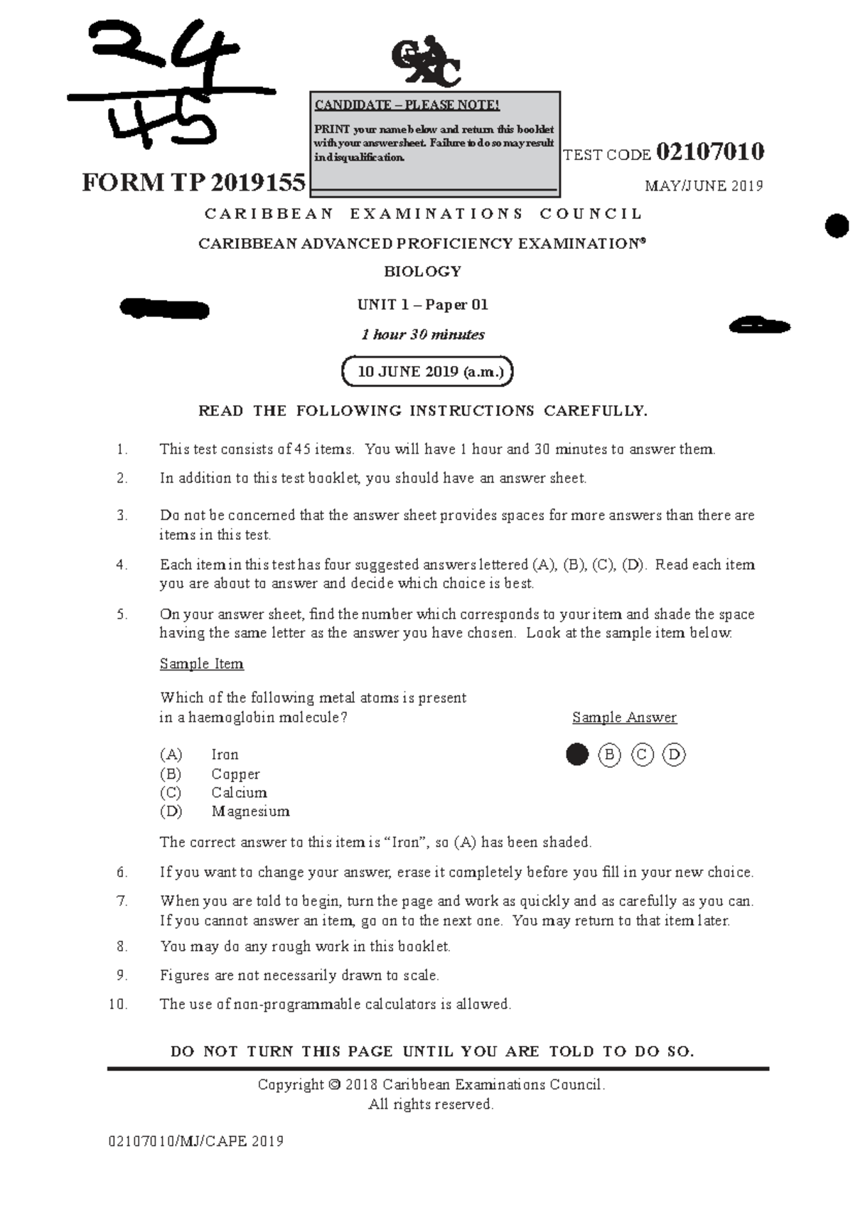 CAPE Biology Unit 1 Exam Paper 01 - June 10, 2019 - Studocu