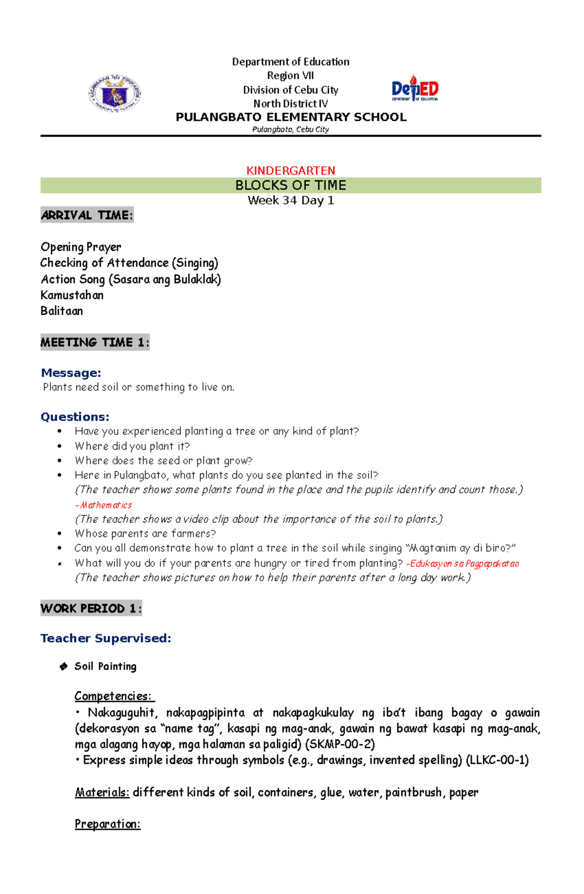 Kindergarten COT Lesson Plan for Week 34: Exploring Plants and Soil ...