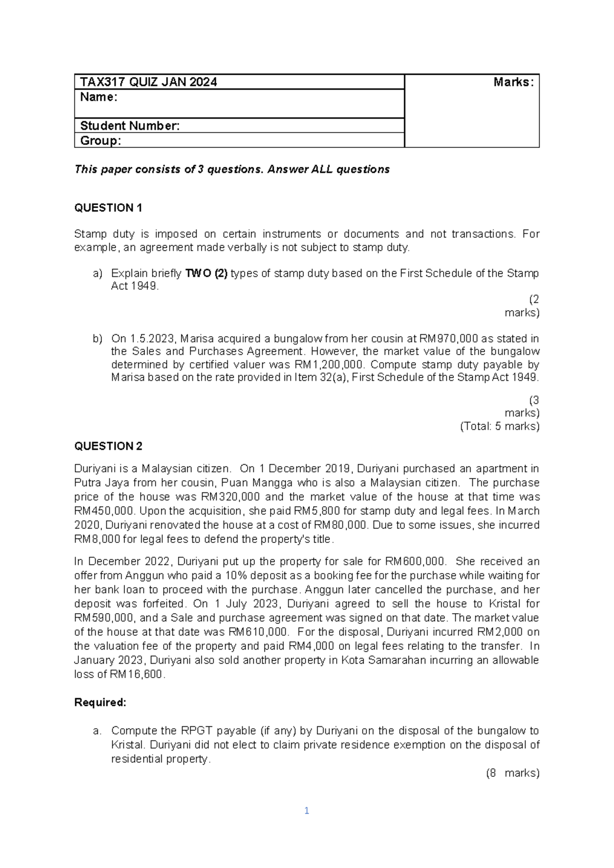 TAX317 Quiz JAN 2024: Stamp Duty & RPGT Calculations - Studocu