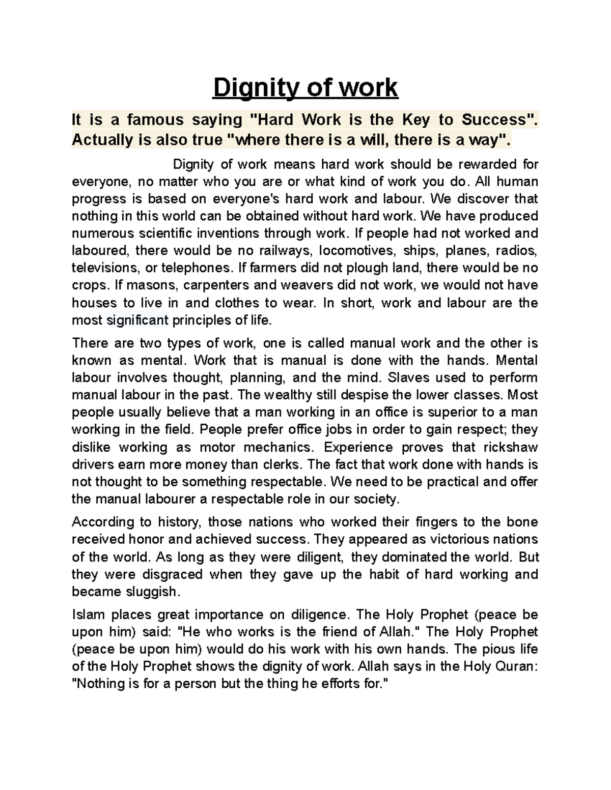Dignity of Work: Insights and Reflections on Hard Work - Studocu