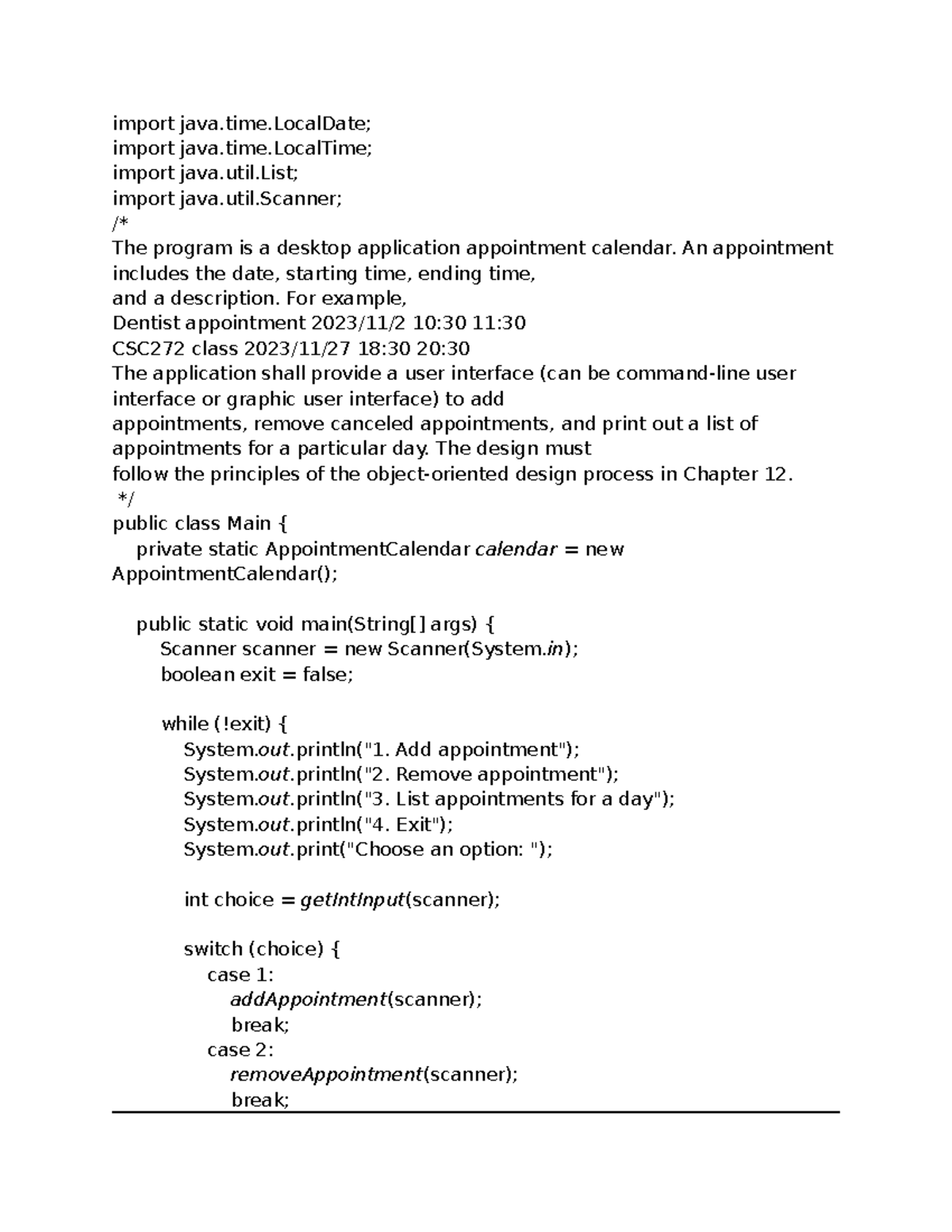 CSC272 Final Exam Project: Java Appointment Calendar Application - Studocu