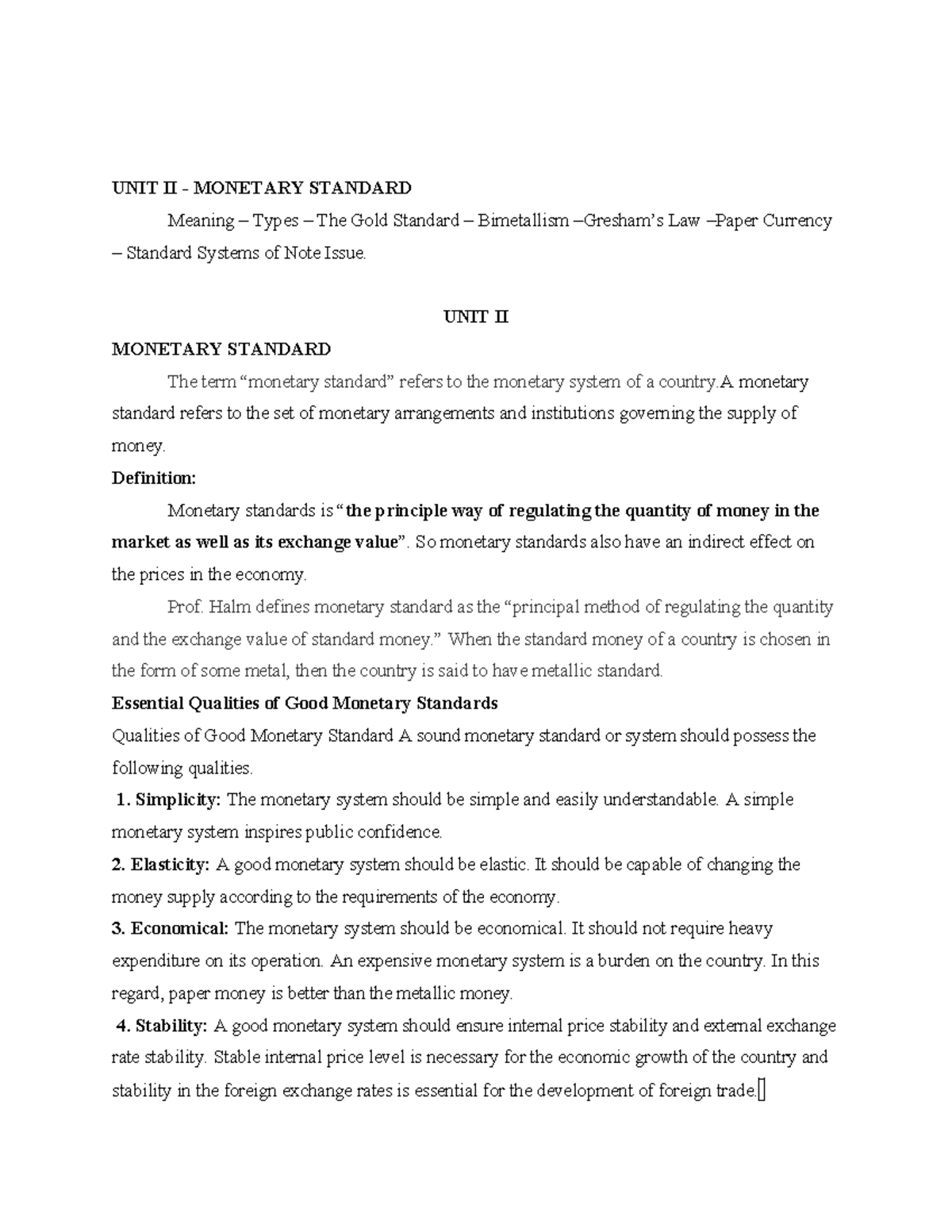 UNIT II Monetary Standard: Types, Features, and Historical Context ...