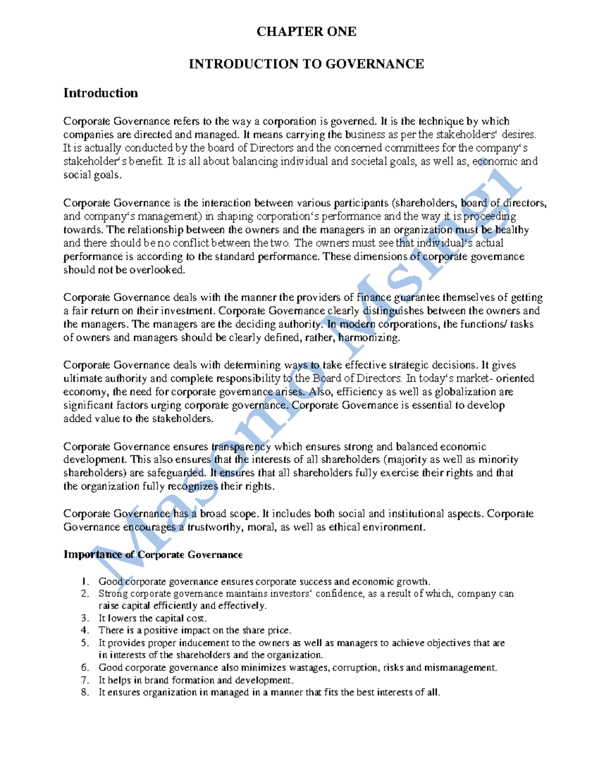 CIFA Governance and Ethics: Chapter 1 Overview of Corporate Governance ...