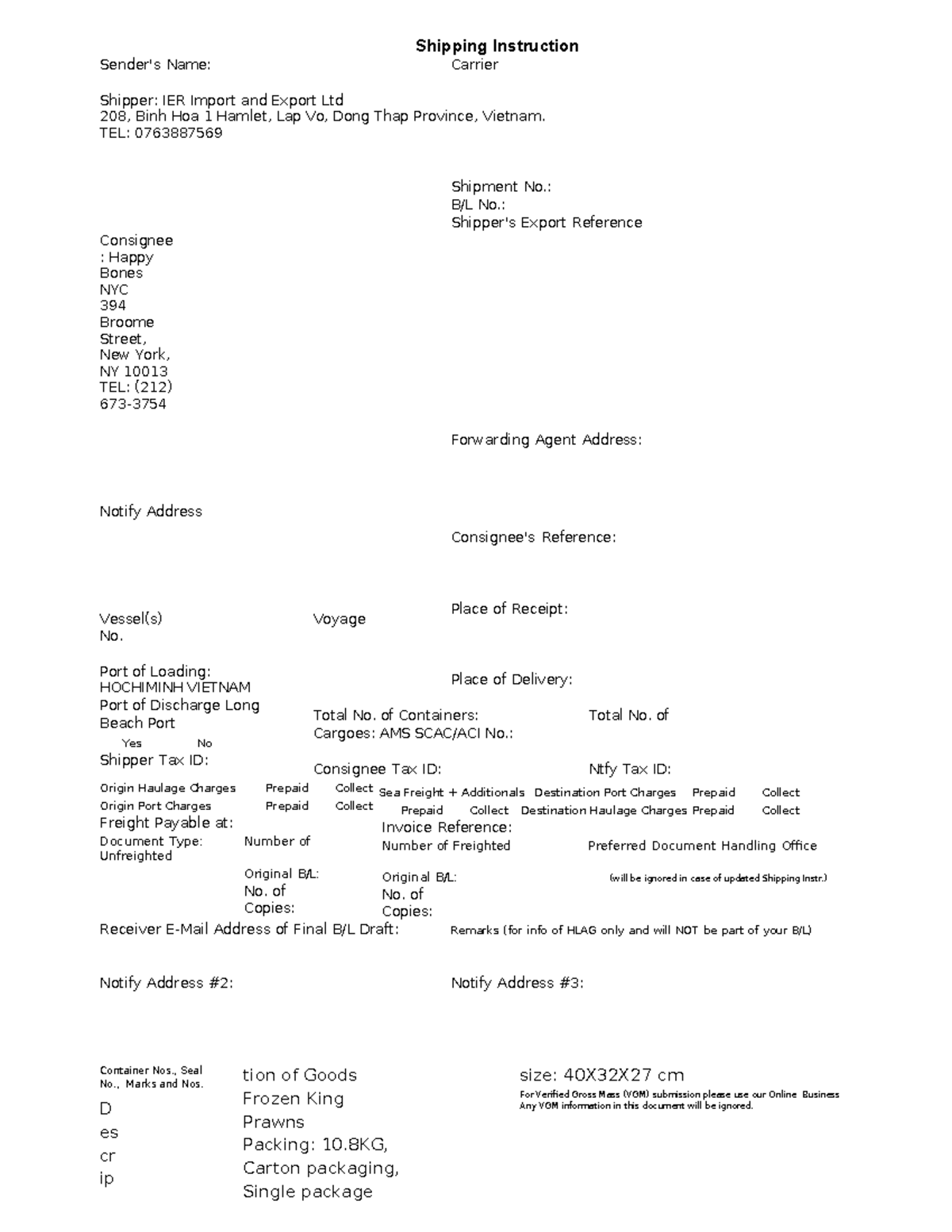 Shipping Instruction for Frozen King Prawns - IER Import & Export Ltd ...