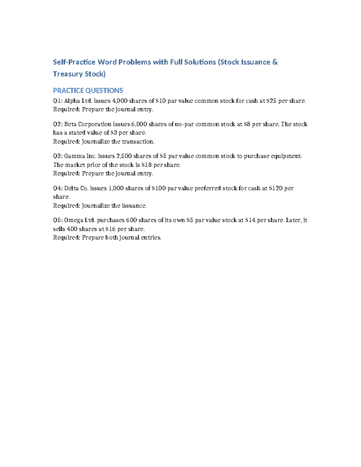 Self Practice: Word Problems on Stock Issuance Solutions (FIN 101 ...