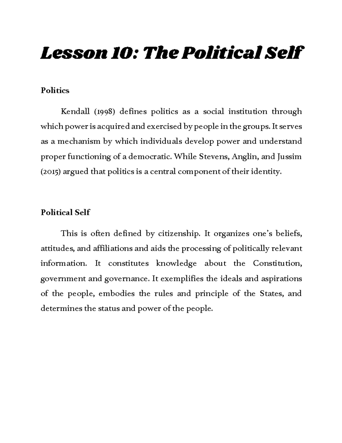 Lesson 10: Understanding the Political Self and Citizenship - Studocu