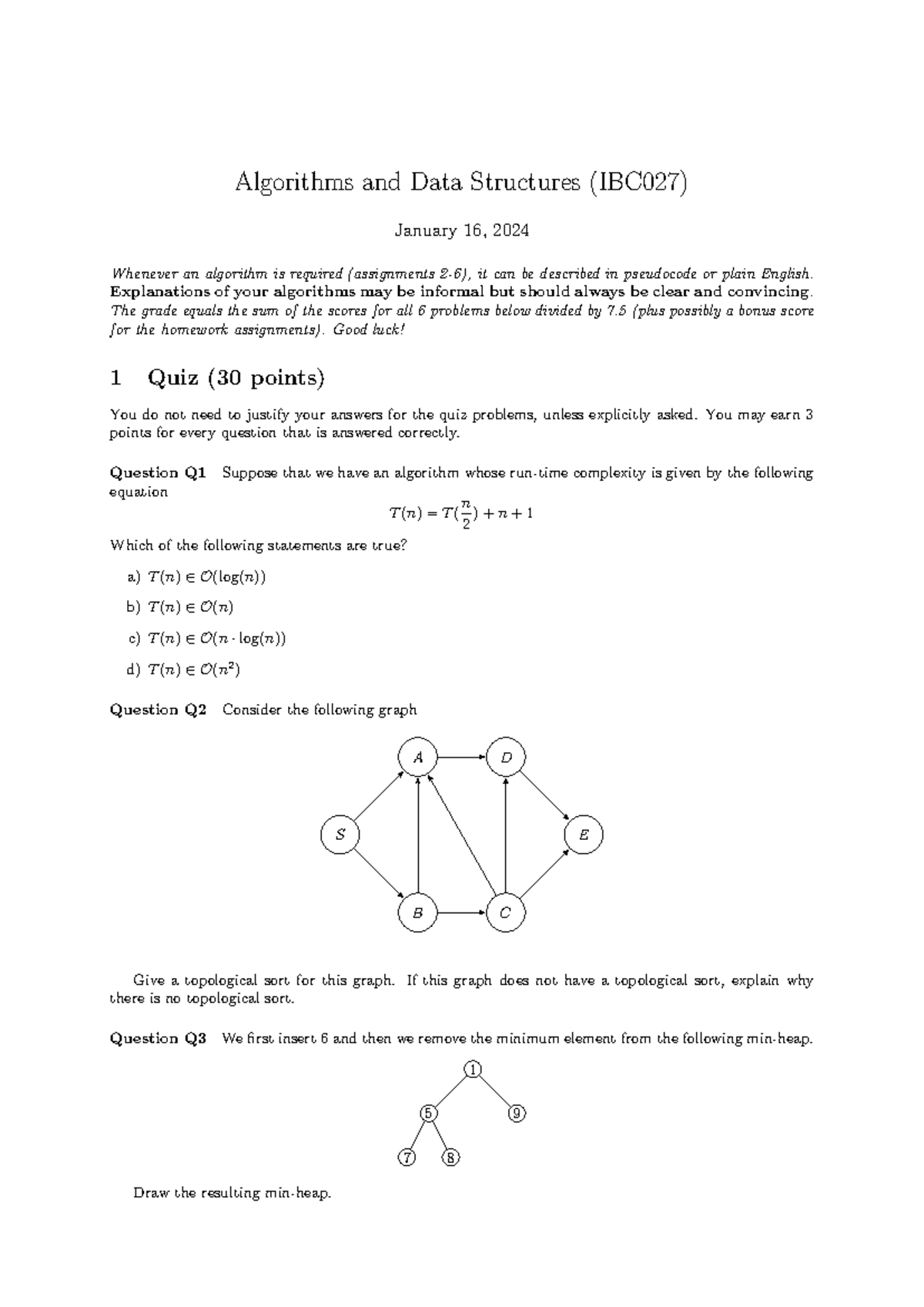 Algorithms and Data Structures Quiz (IBC027) - January 2024 - Studeersnel