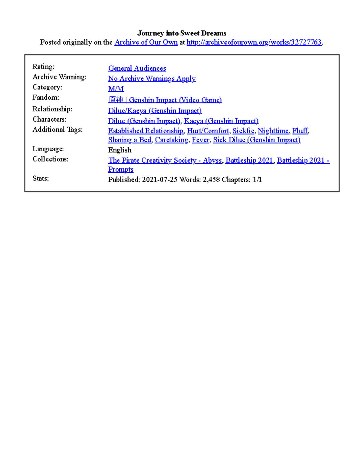 Genshin Impact Sickfic: Journey into Sweet Dreams (Diluc & Kaeya) - Studocu
