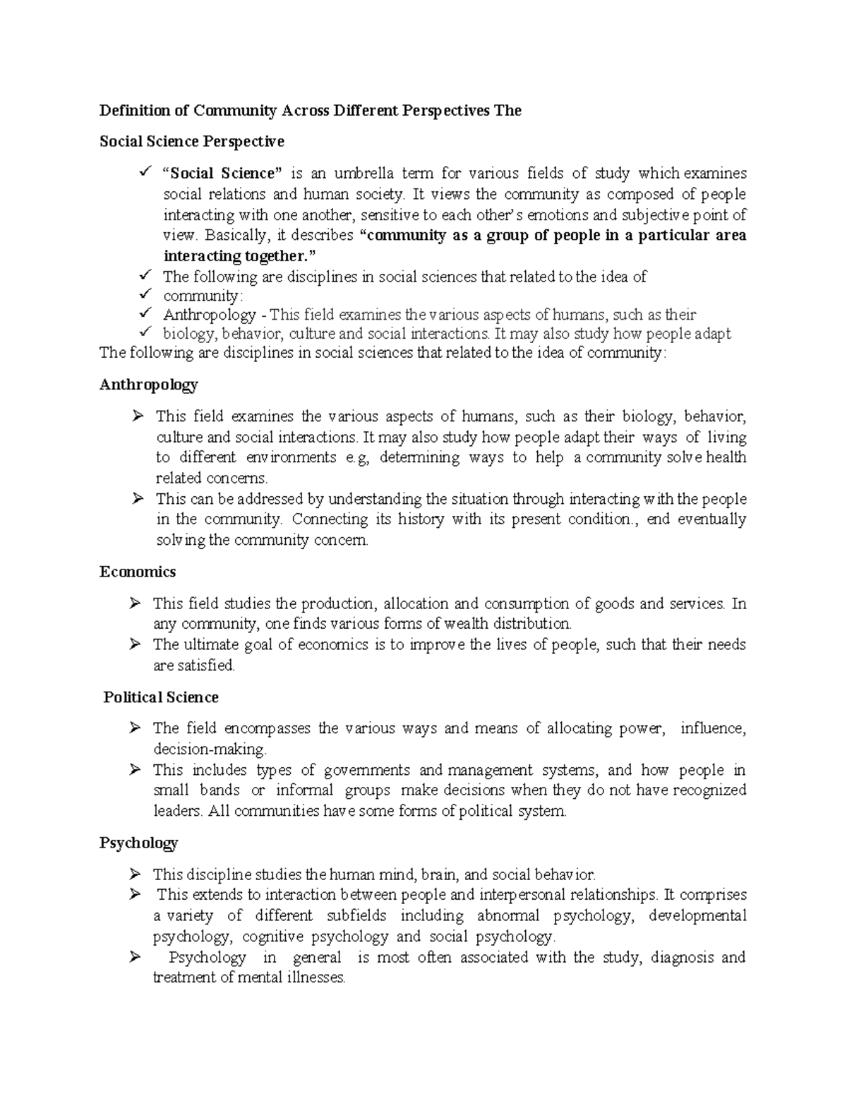 SS101: Definition of Community Across Various Perspectives - Studocu