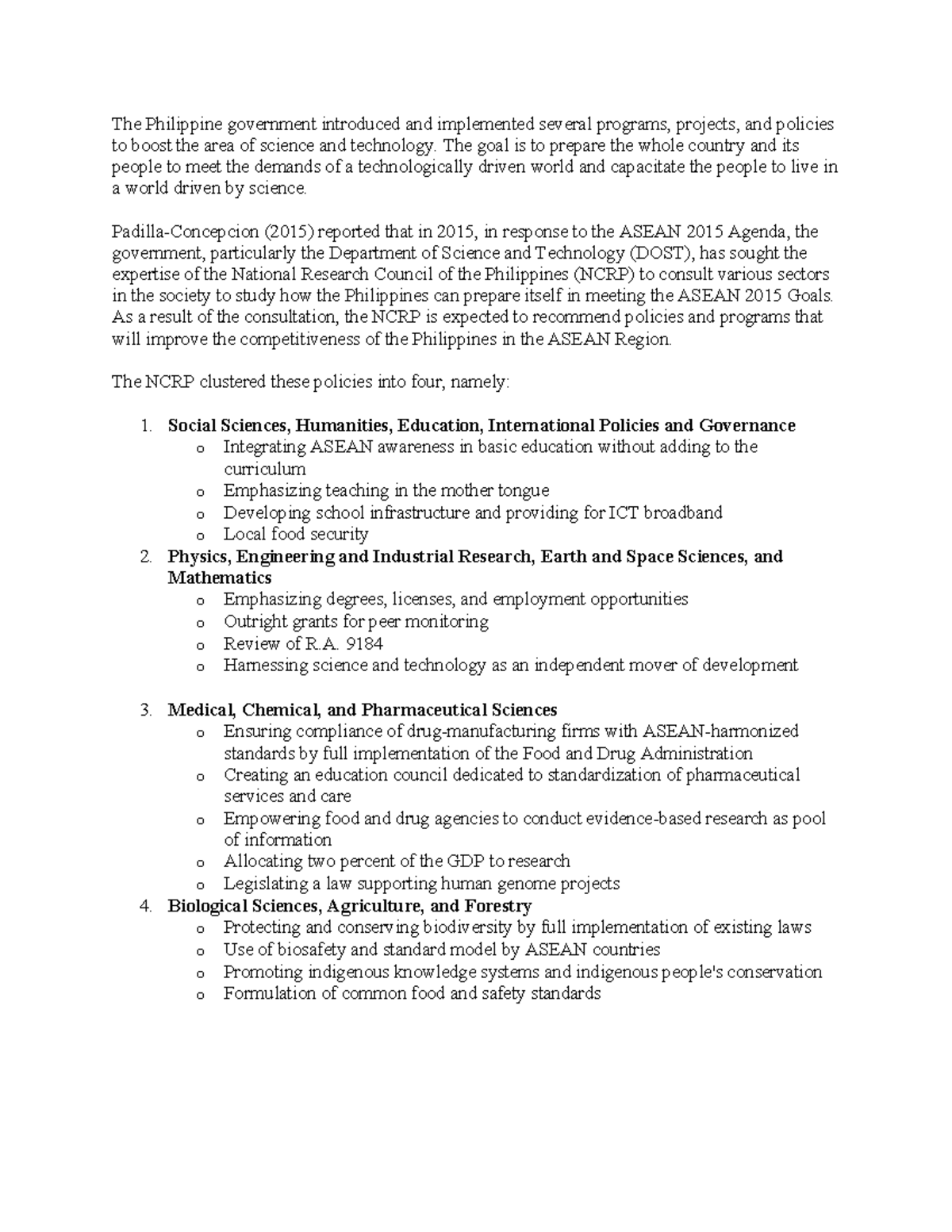Philippine Science & Tech Policies: DOST & NCRP Recommendations - Studocu