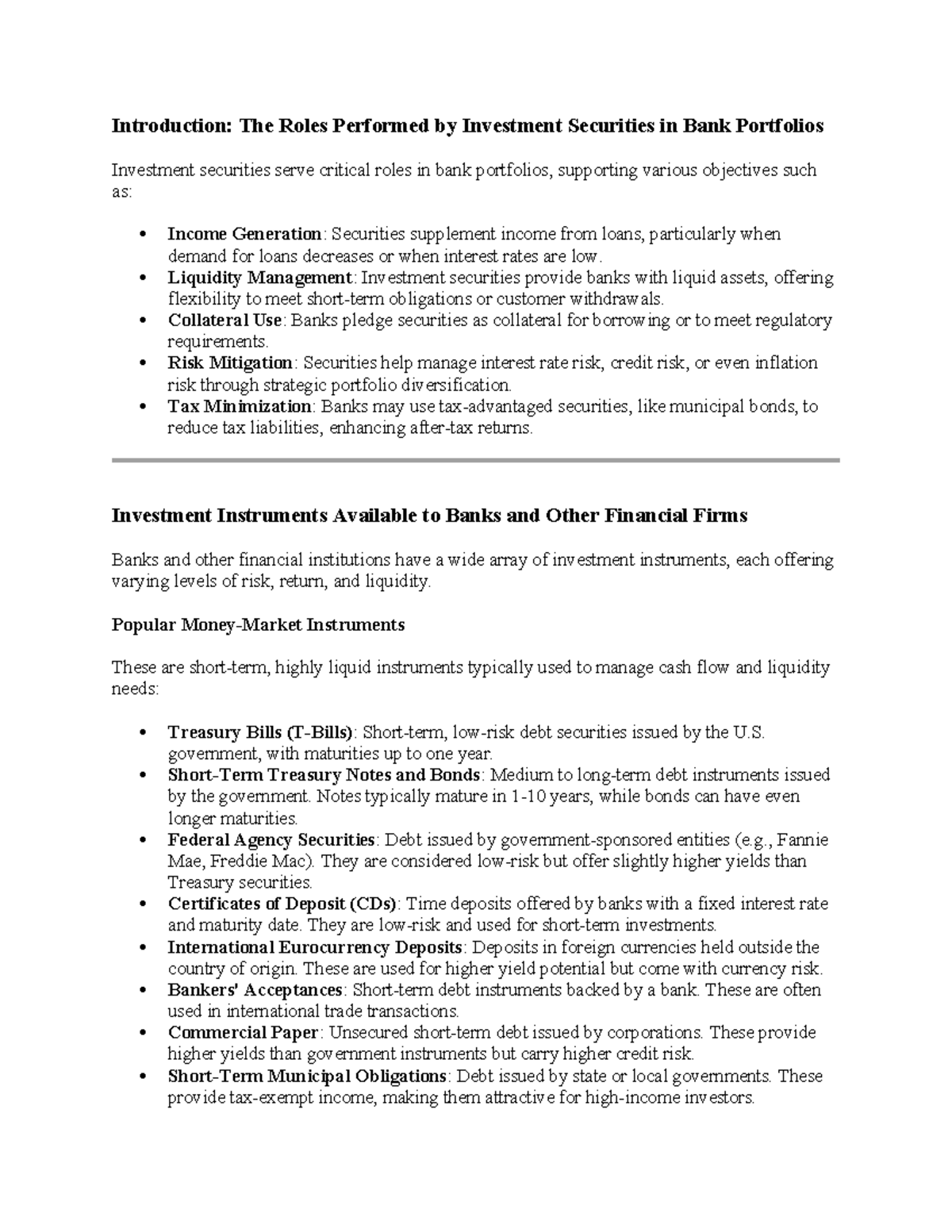 Investment Securities in Bank Portfolios: Roles and Instruments ...