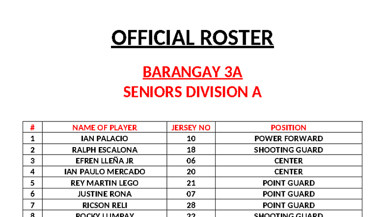 Seniors Division A & B Official Roster - Barangay Teams - Studocu