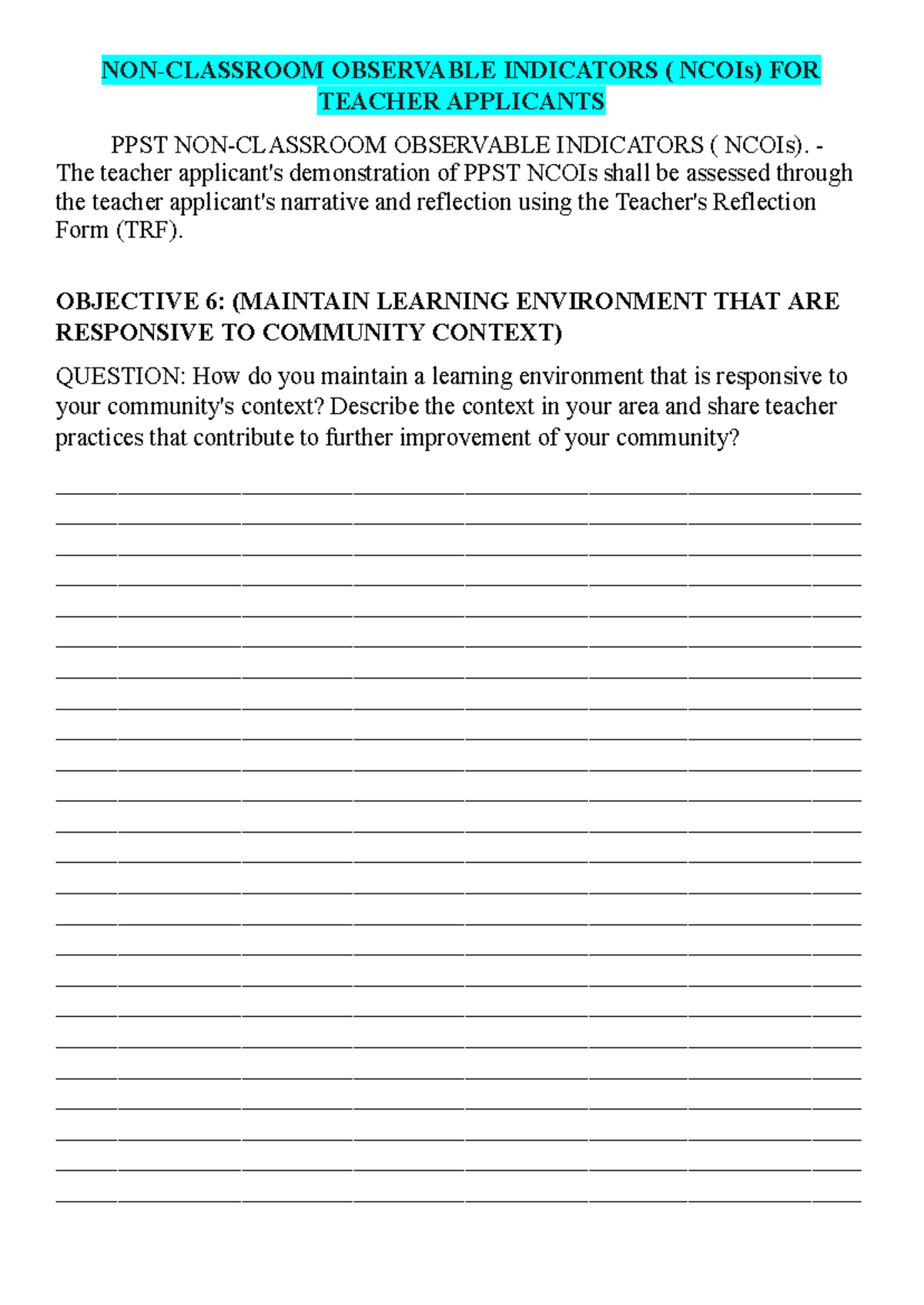 PPST NCOIs Reflection Form: Teacher Practices & Community Context - Studocu