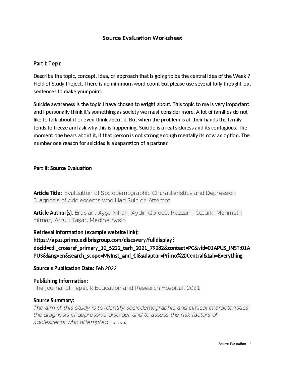 Source Evaluation Worksheet Template - Source Evaluation Worksheet Part ...