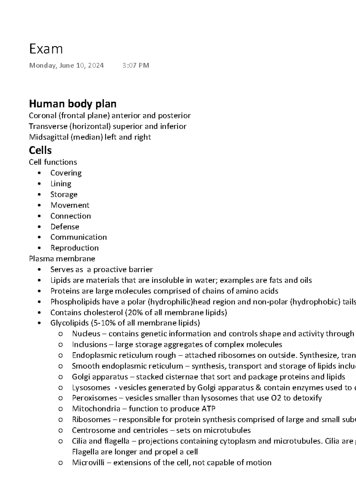 HUM101 Final Exam Notes: Human Body, Cells, Tissues & Skeletal System ...