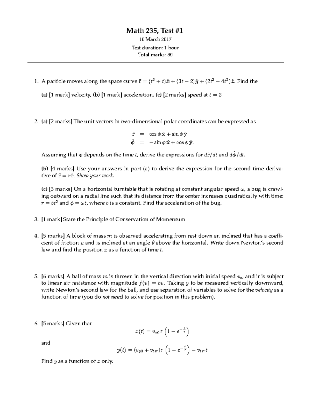 Test 1 - mechanics math - Math 235, Test 10 March 2017 Test duration: 1 ...