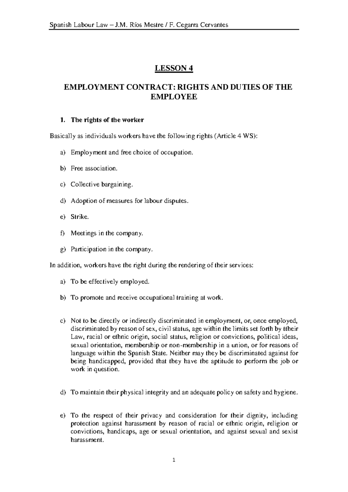 Lesson 4 - Rights and duties of the worker 2 - LESSON 4 EMPLOYMENT ...