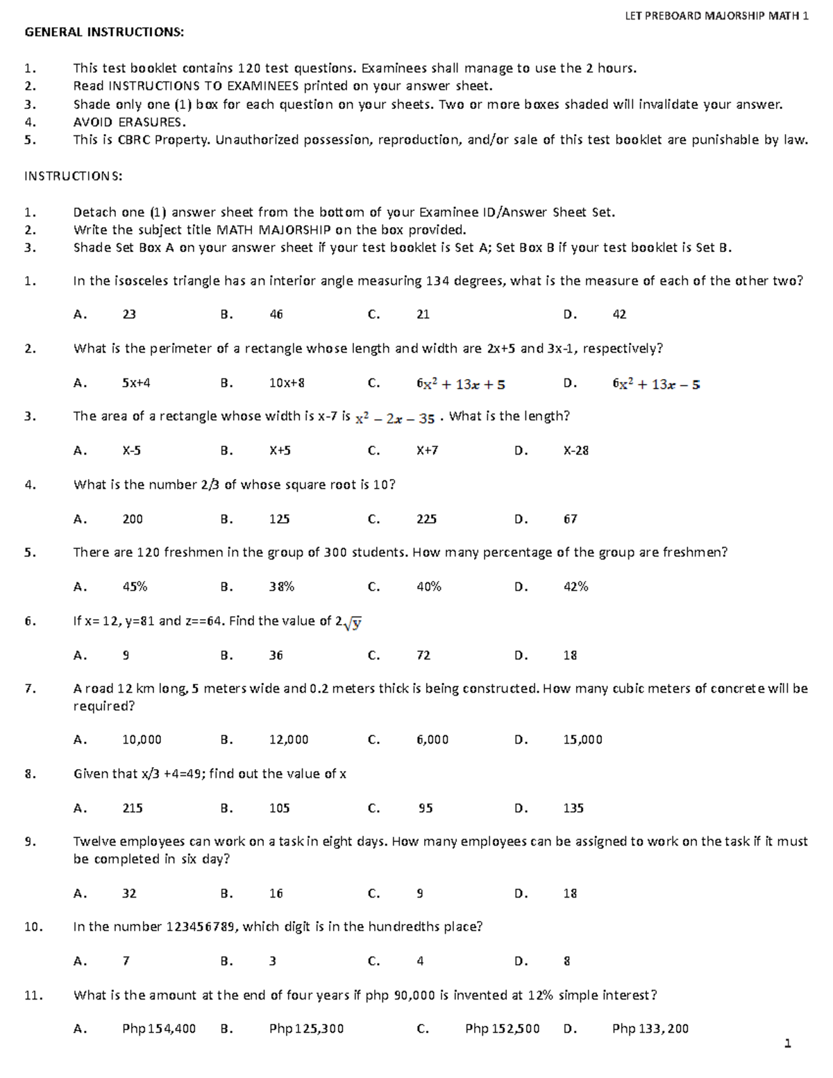 MATH PRE1 1 1 - LET PREBOARD MAJORSHIP MATH 1 Exam Notes - Studocu