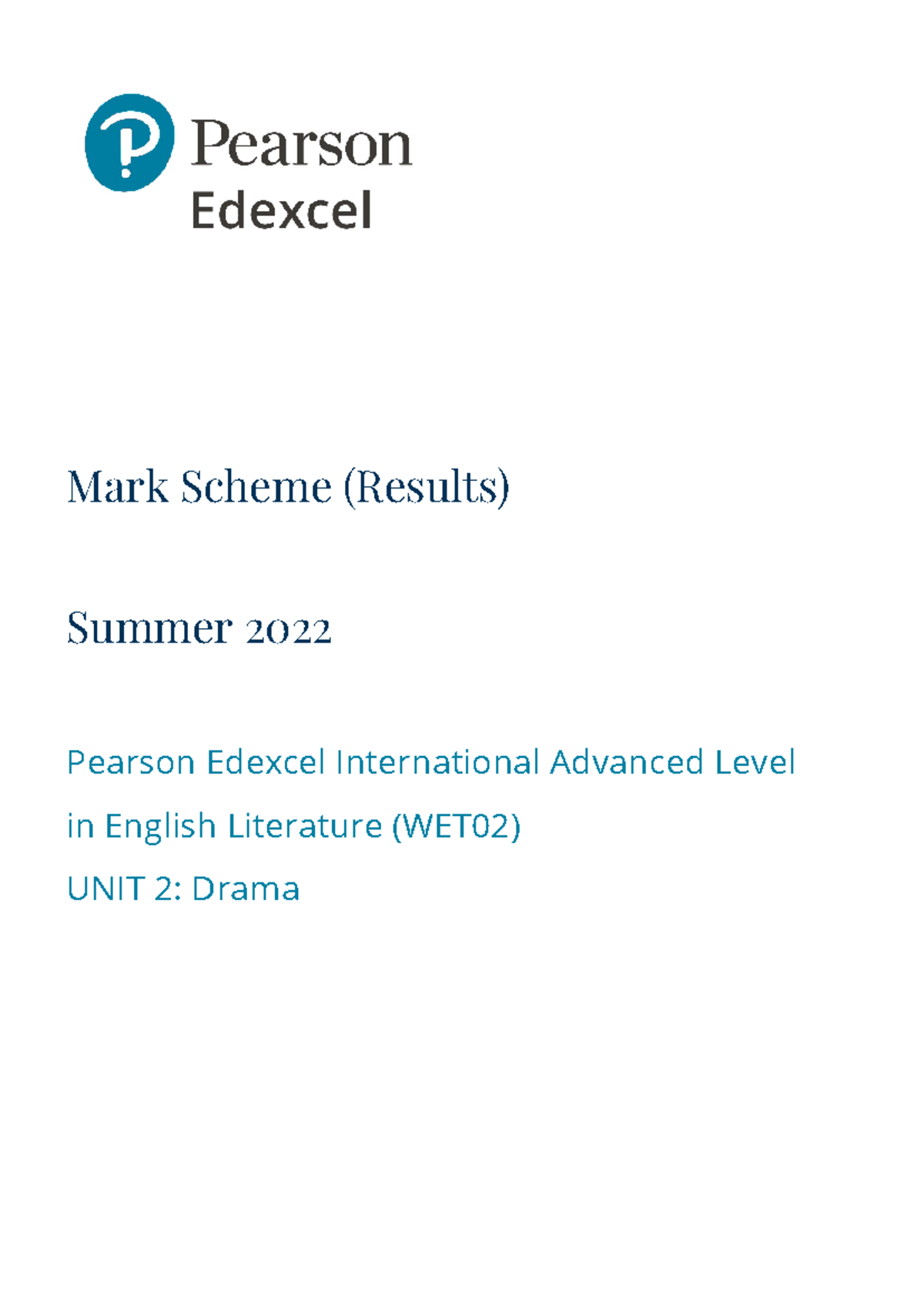 Edexcel WET02 Summer 2022 Mark Scheme for Drama Unit 2 - Studocu