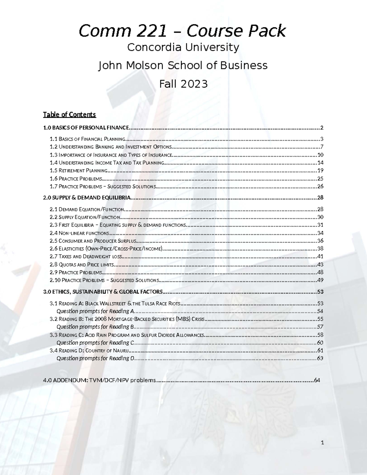 Comm 221 Course Pack: Personal Finance & Economic Principles - Fall ...