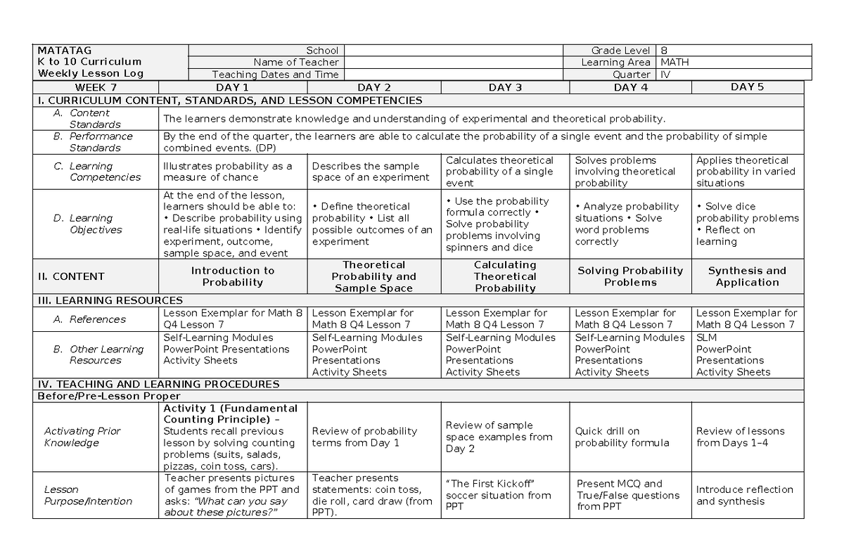 Math 8 Q4 Lesson 7: Understanding Probability Concepts - Studocu