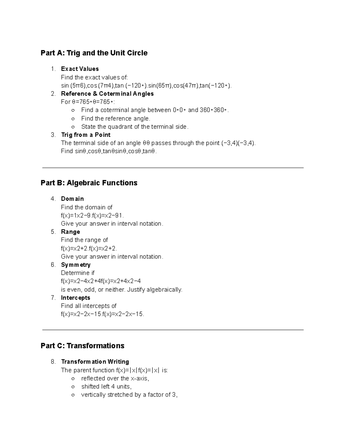 Math 101: Trig & Algebra Functions Practice Exam - Studocu