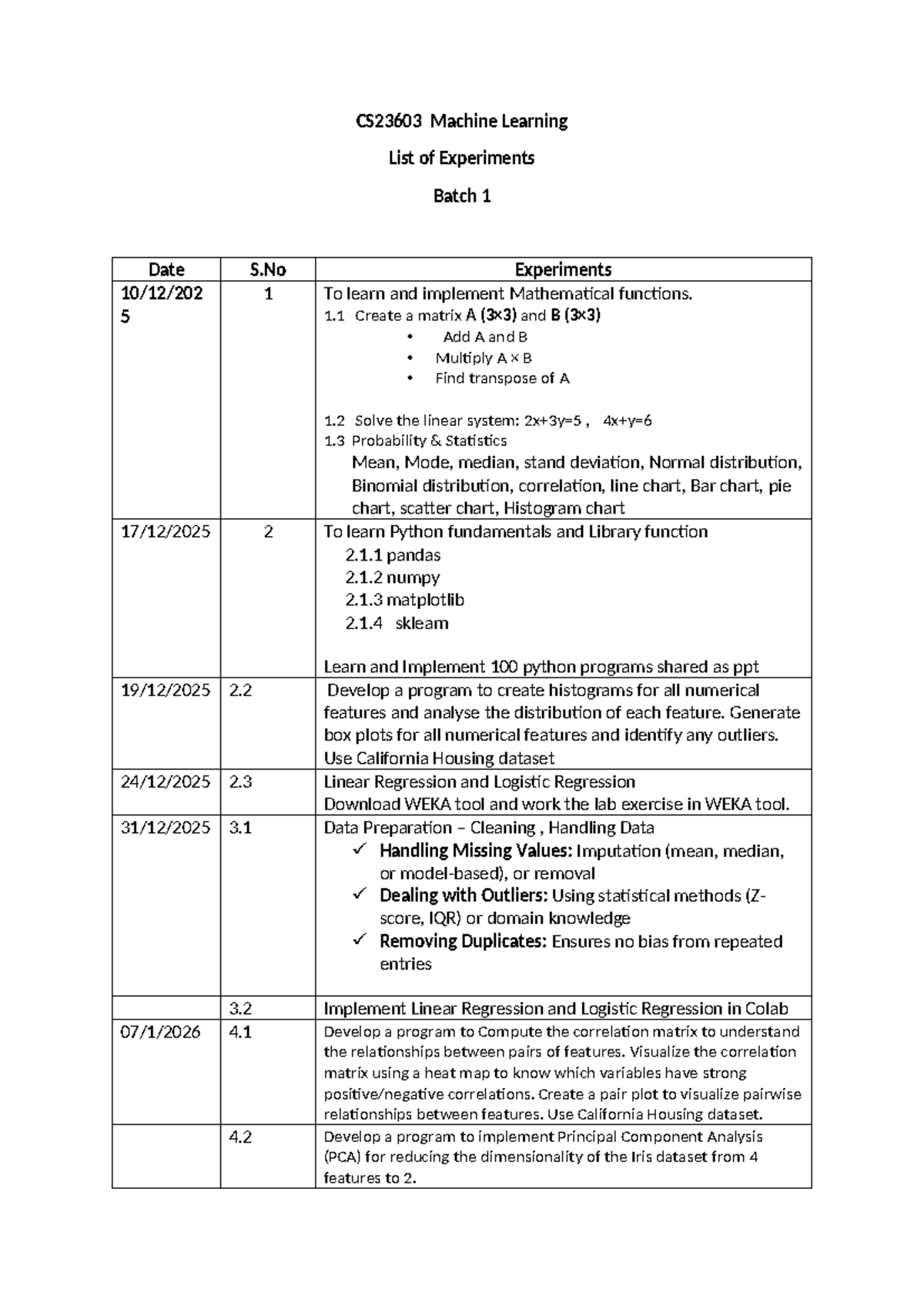 CS23603 Machine Learning Lab: Experiments and Implementations - Studocu